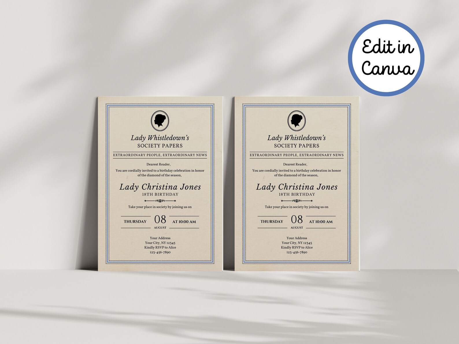 Regency Era Birthday Invitation Editable Template, Canva Template ...