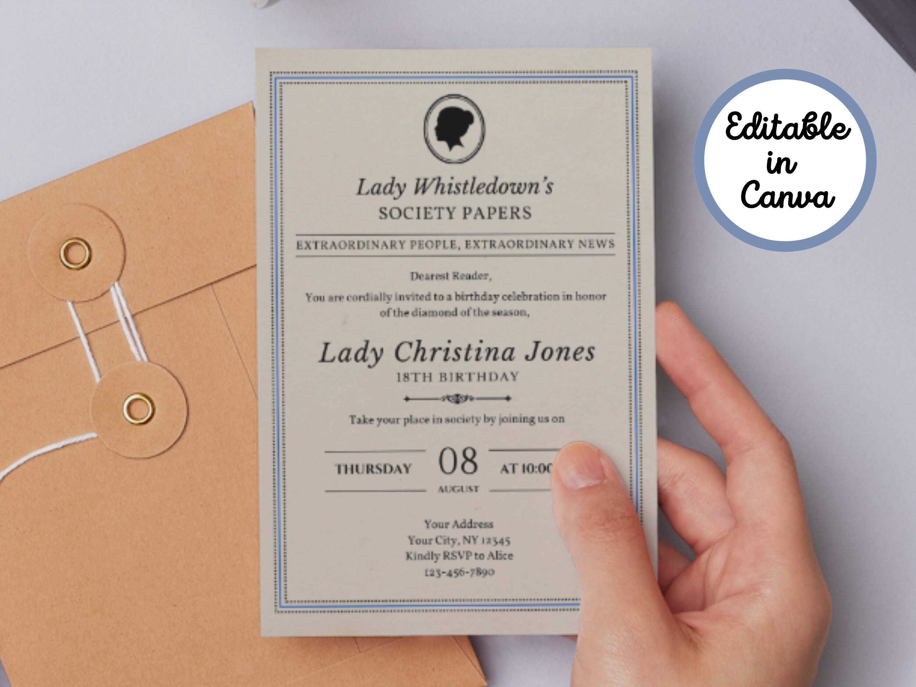 Regency Era Birthday Invitation Editable Template, Canva Template ...