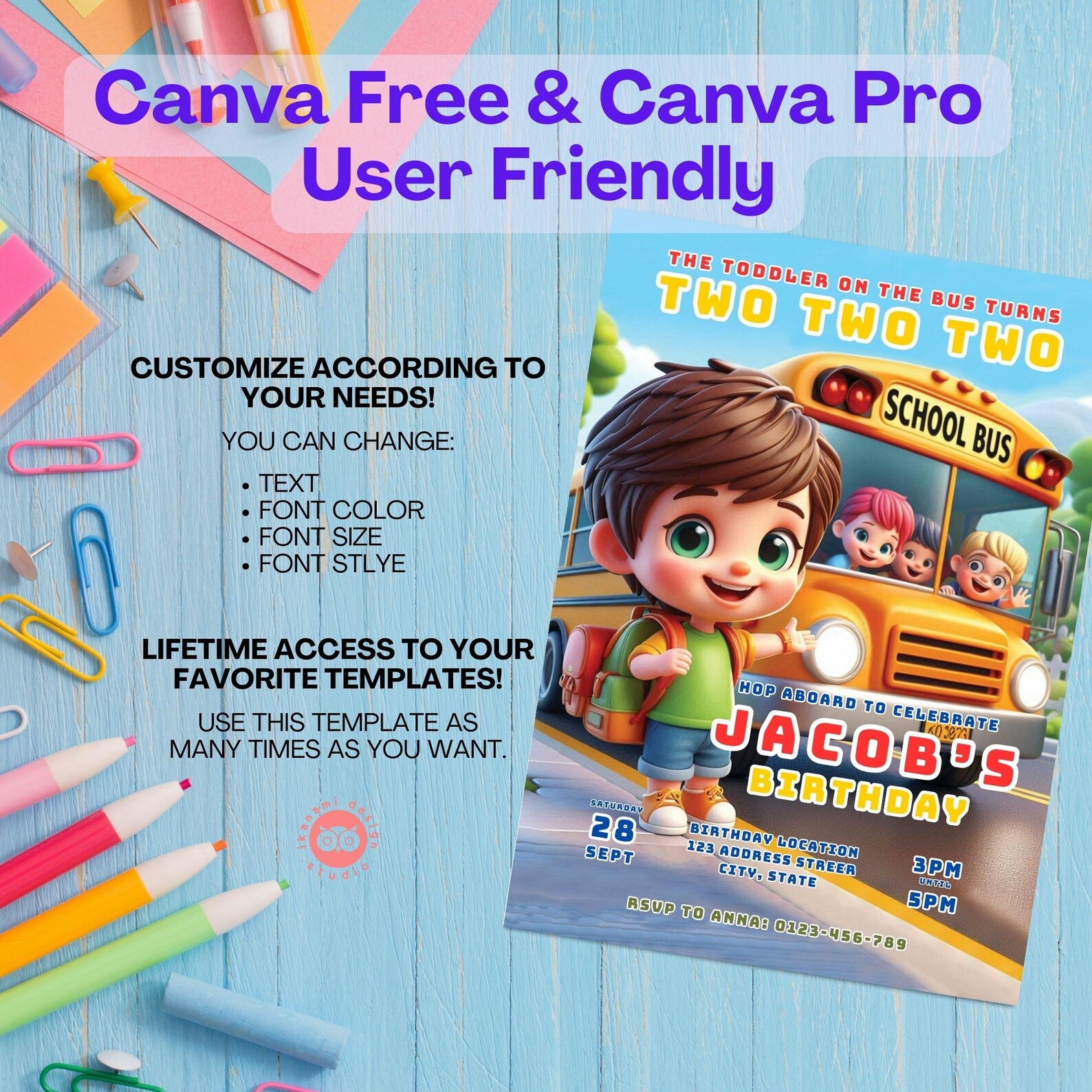 School Bus Birthday Invitation: Wheels on the Bus, Canva Template ...