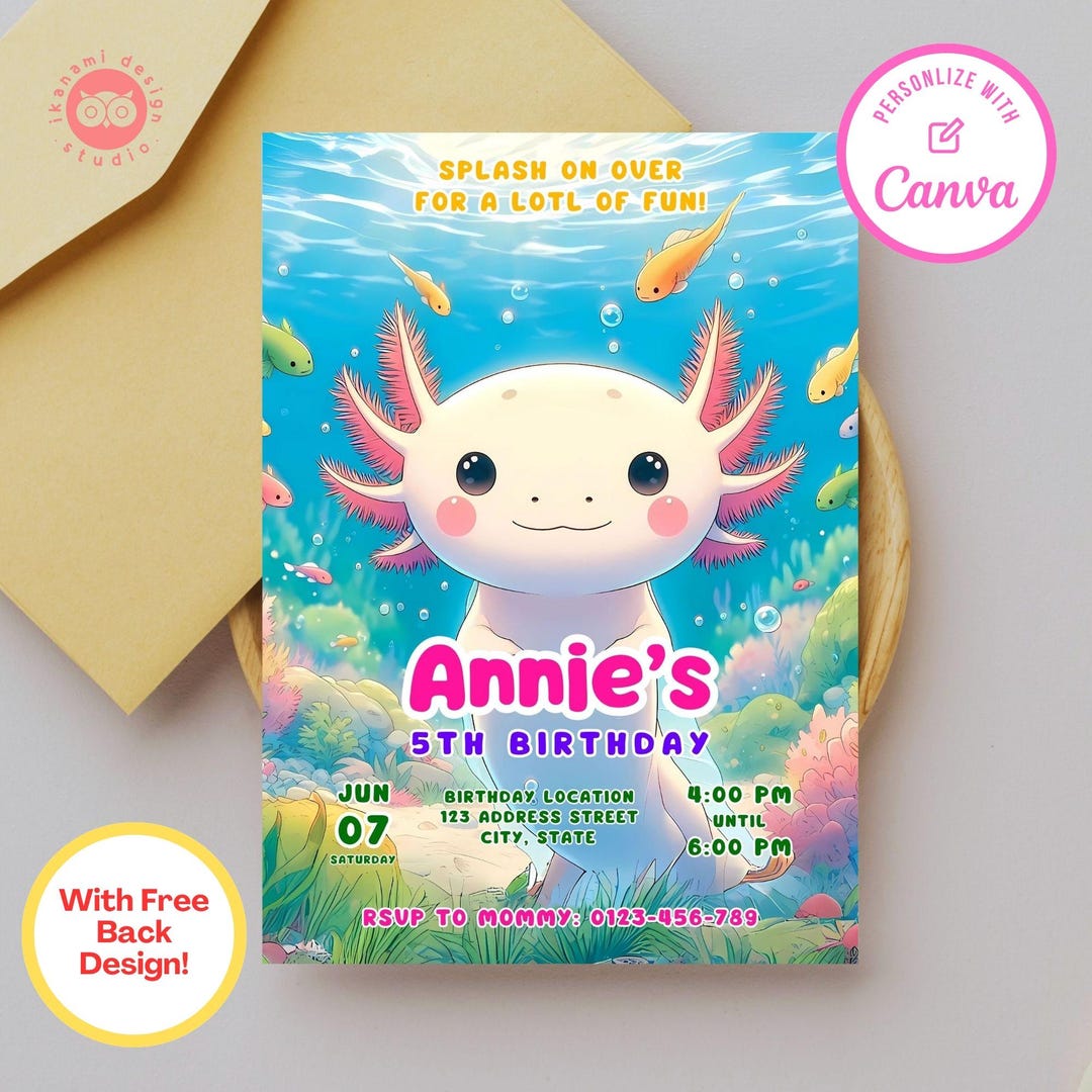 Axolotl Birthday Invitation Girl, Axolotl Invitation, Axolotl Png ...