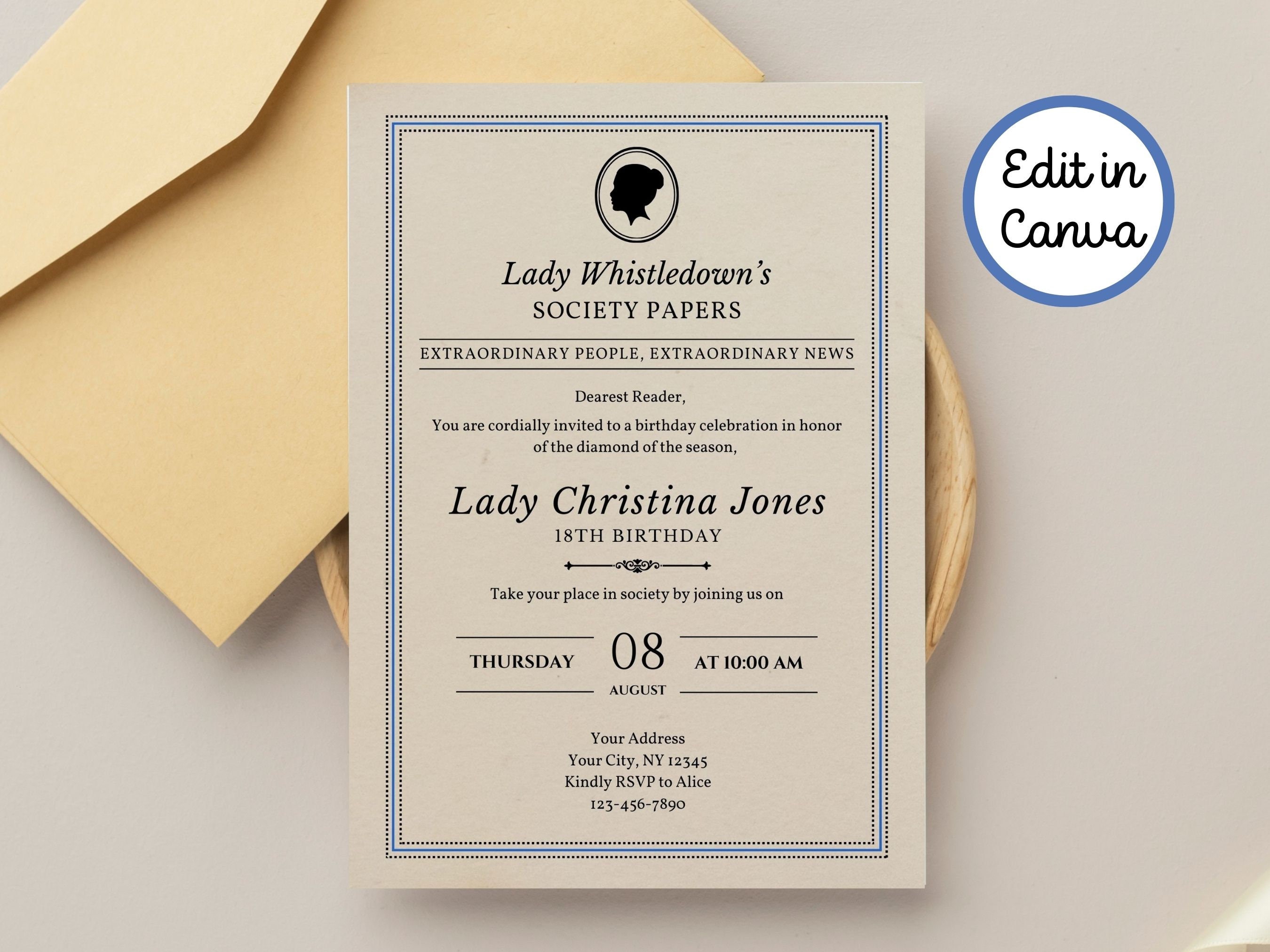 Regency Era Birthday Invitation Editable Template, Canva Template ...