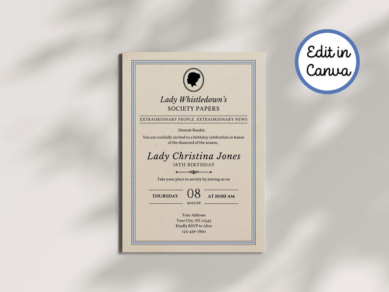 Regency Era Birthday Invitation Editable Template, Canva Template ...