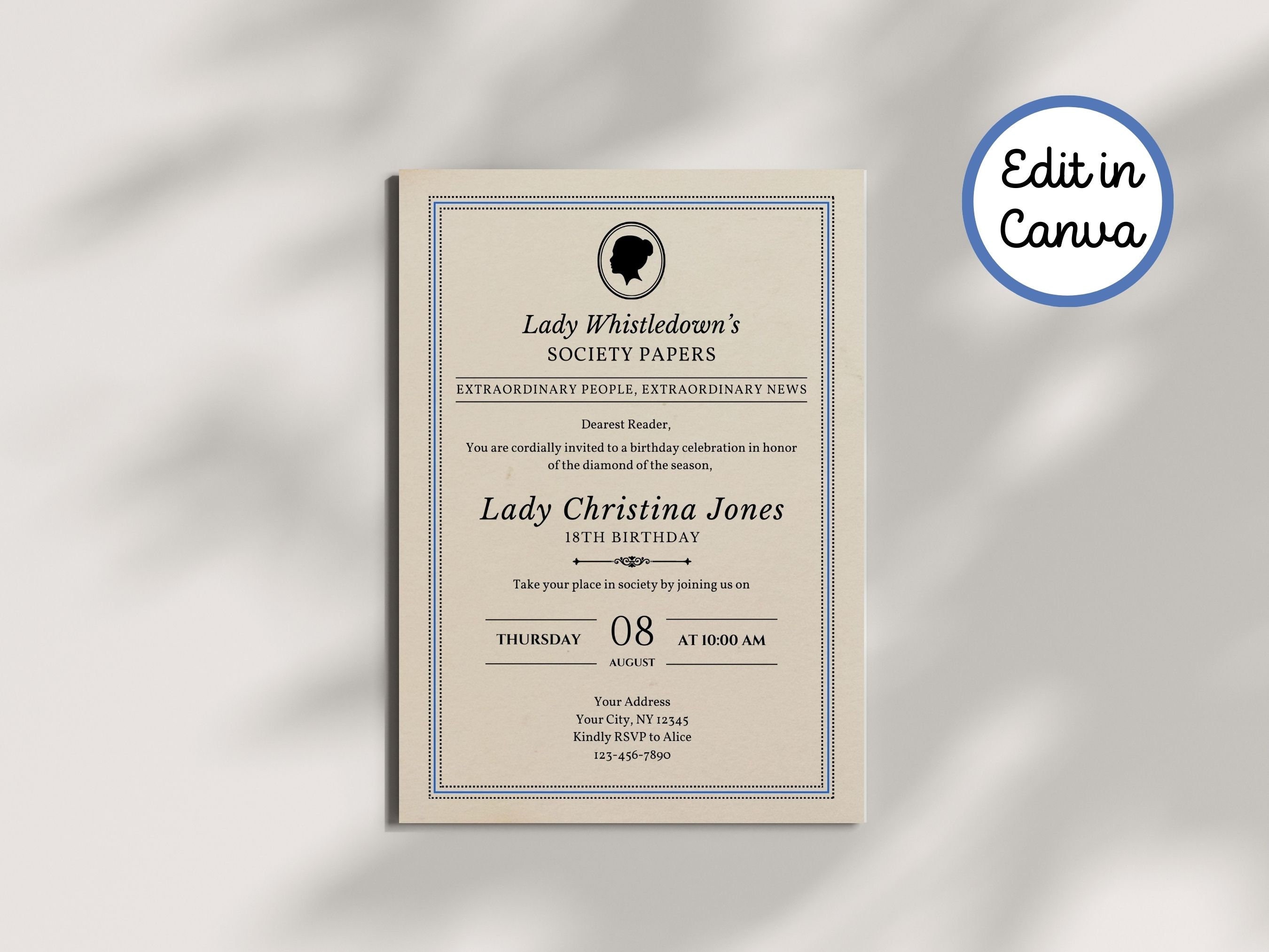 Regency Era Birthday Invitation Editable Template, Canva Template ...