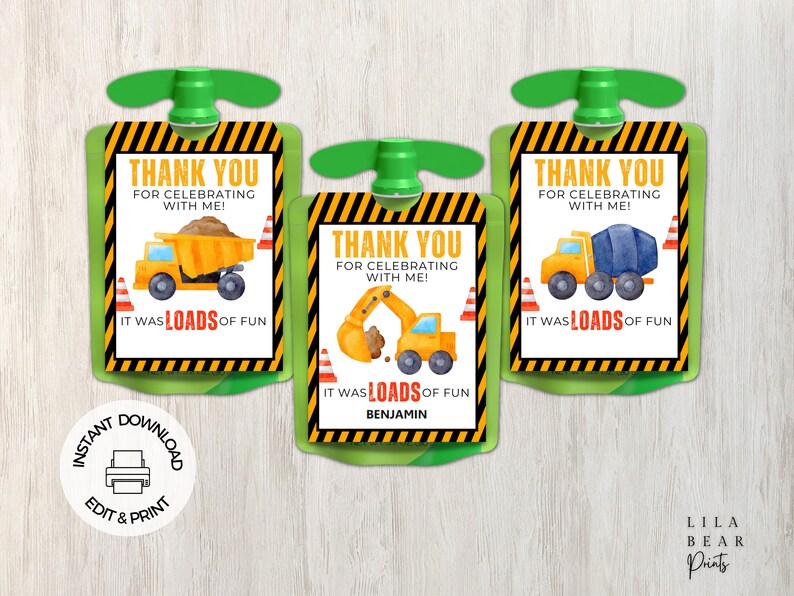 Construction Birthday Favor Tags, Thank You Tags, Applesauce Tags ...