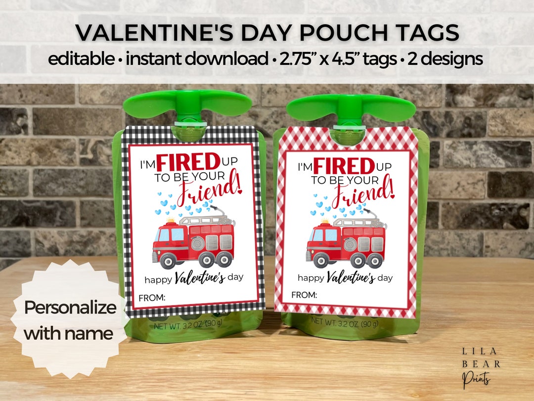 Applesauce Valentine’s Day Tags, Fire Truck Valentine, Kids Valentine ...