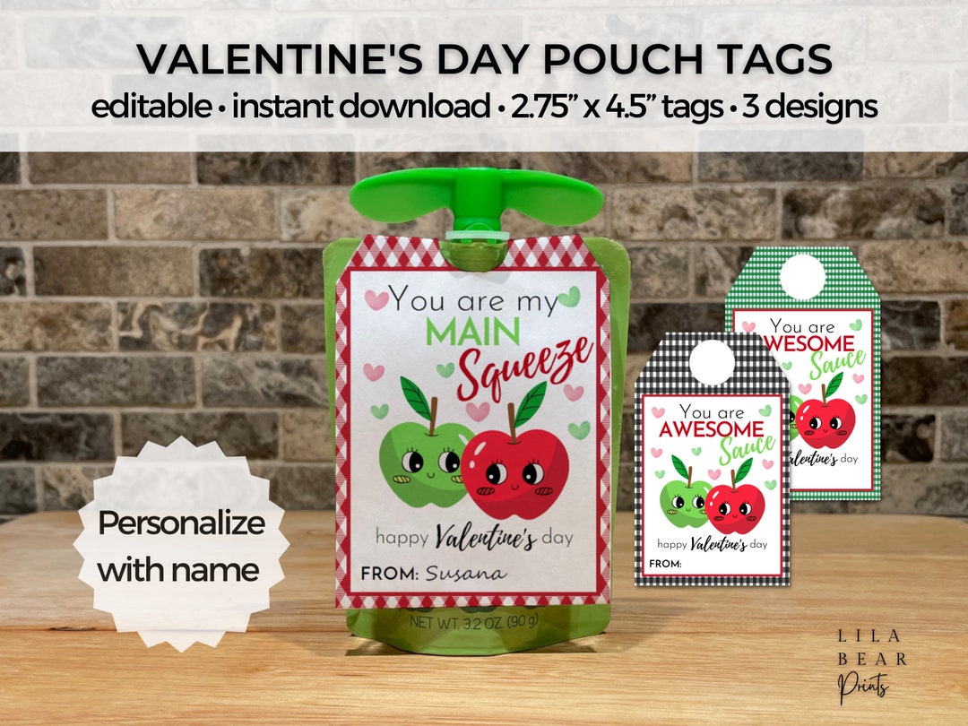 Applesauce Valentine's Day Pouch Tags: Editable Classroom Favors ...