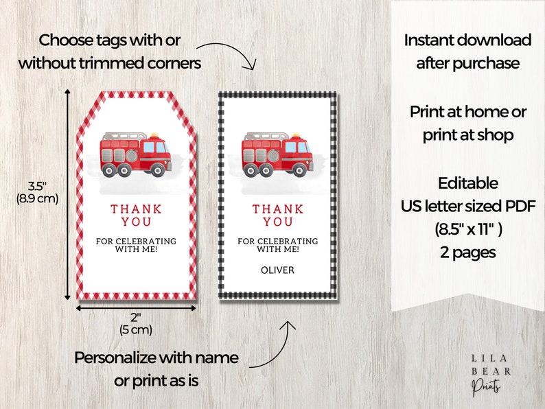 Fire Truck Birthday Favor Tags, Thank You Tags, Instant Download ...