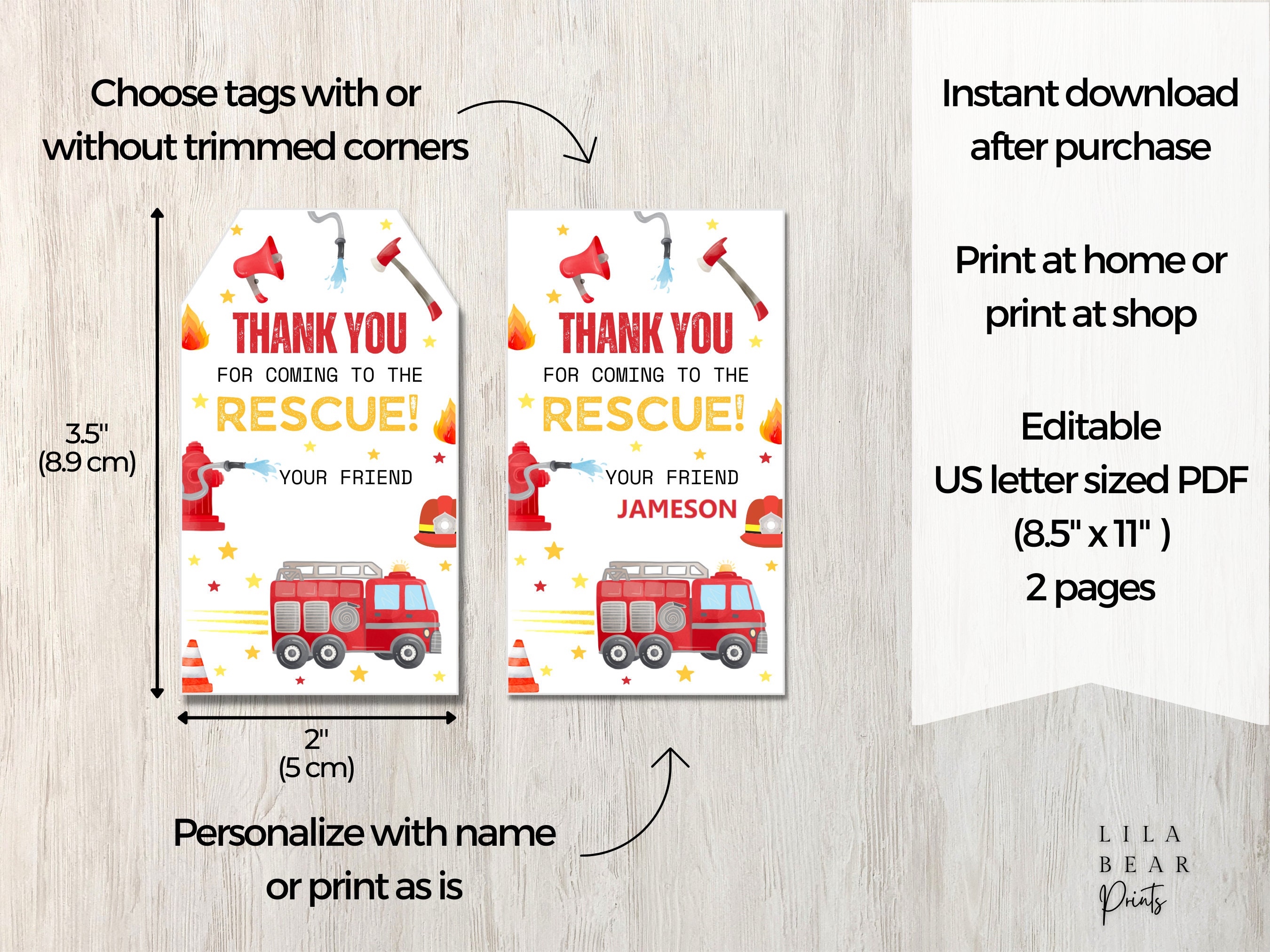 Fire Truck Birthday Favor Tags, Thank You Tags, Instant Download ...
