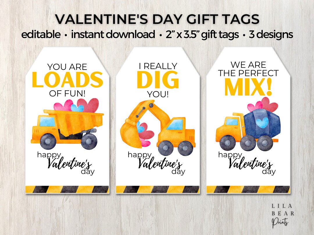 Construction Truck Valentine's Day Gift Tags, Kids Classroom Favor ...