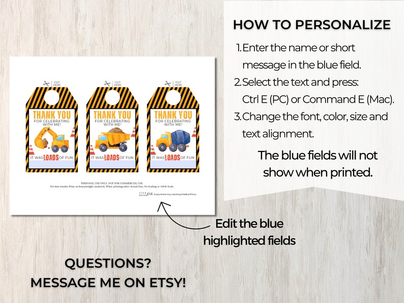 Construction Birthday Favor Tags, Thank You Tags, Applesauce Tags ...