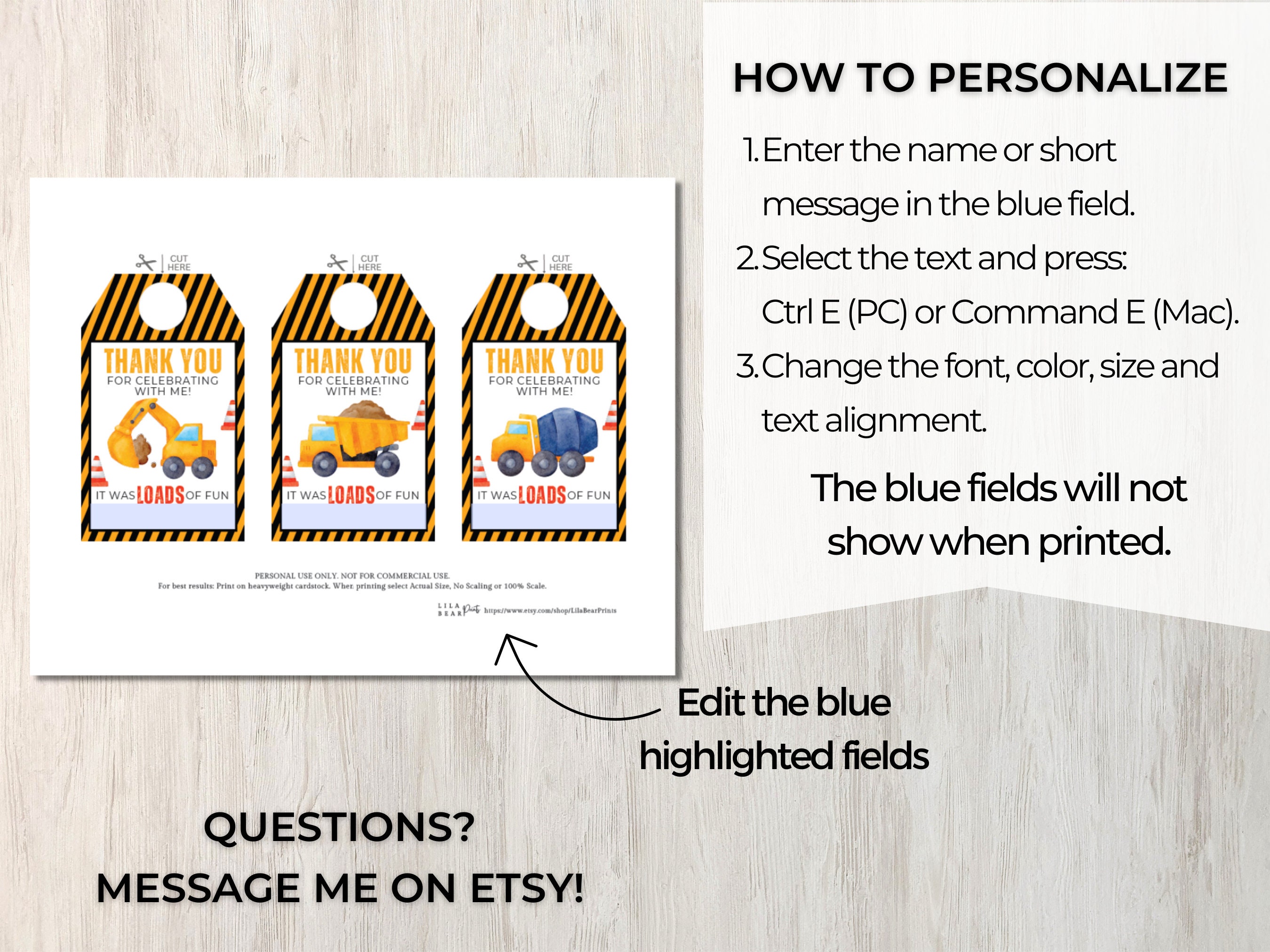 Construction Birthday Favor Tags, Thank You Tags, Applesauce Tags ...