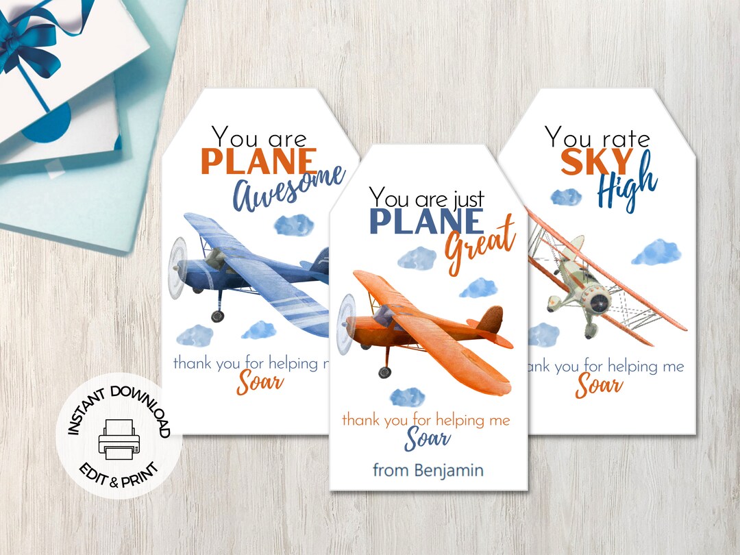 Airplane Birthday Favor Tags, Plane Thank You Tags, Instant Download ...