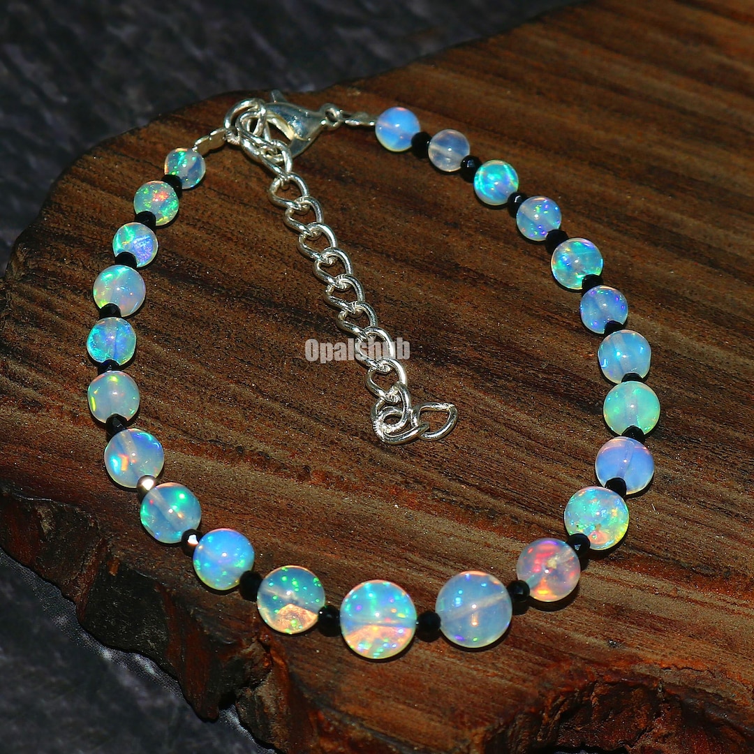 Natural Ethiopian Opal Balls & Black Spinel Bracelet | Opal Round Beads ...
