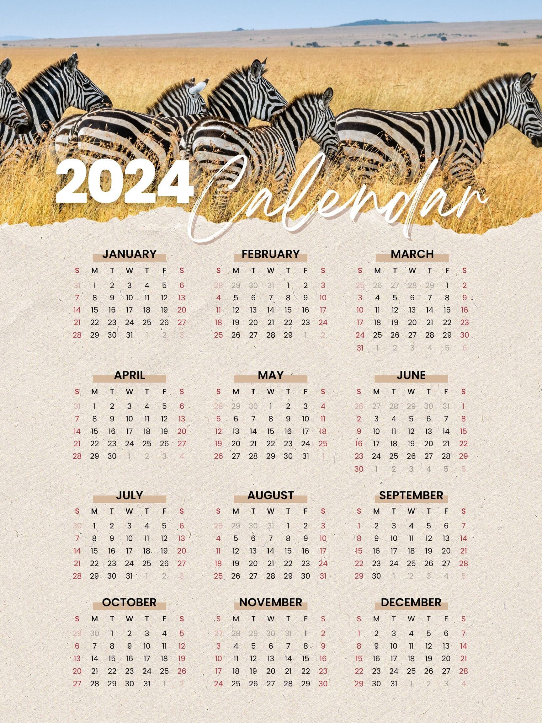 2024 Printable Calendar, Safari Animal Calendar, Wildlife Calendar ...