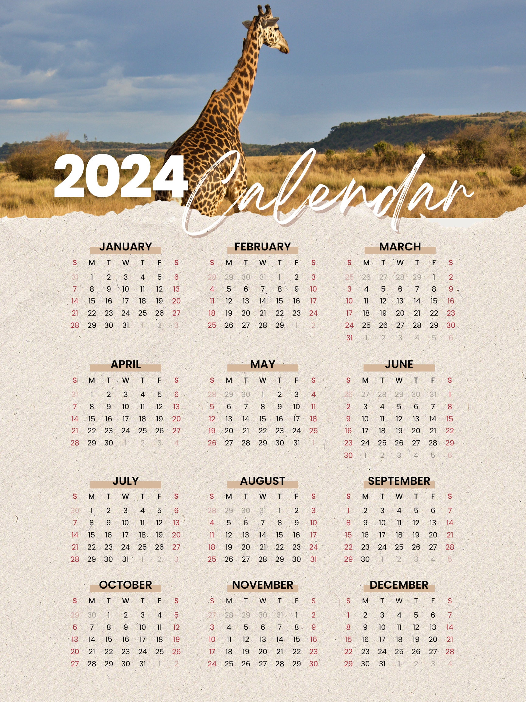 2024 Printable Calendar, Safari Animal Calendar, Wildlife Calendar ...