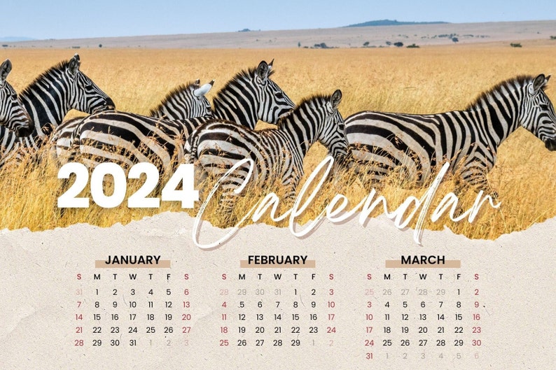 2024 Printable Calendar, Safari Animal Calendar, Wildlife Calendar ...