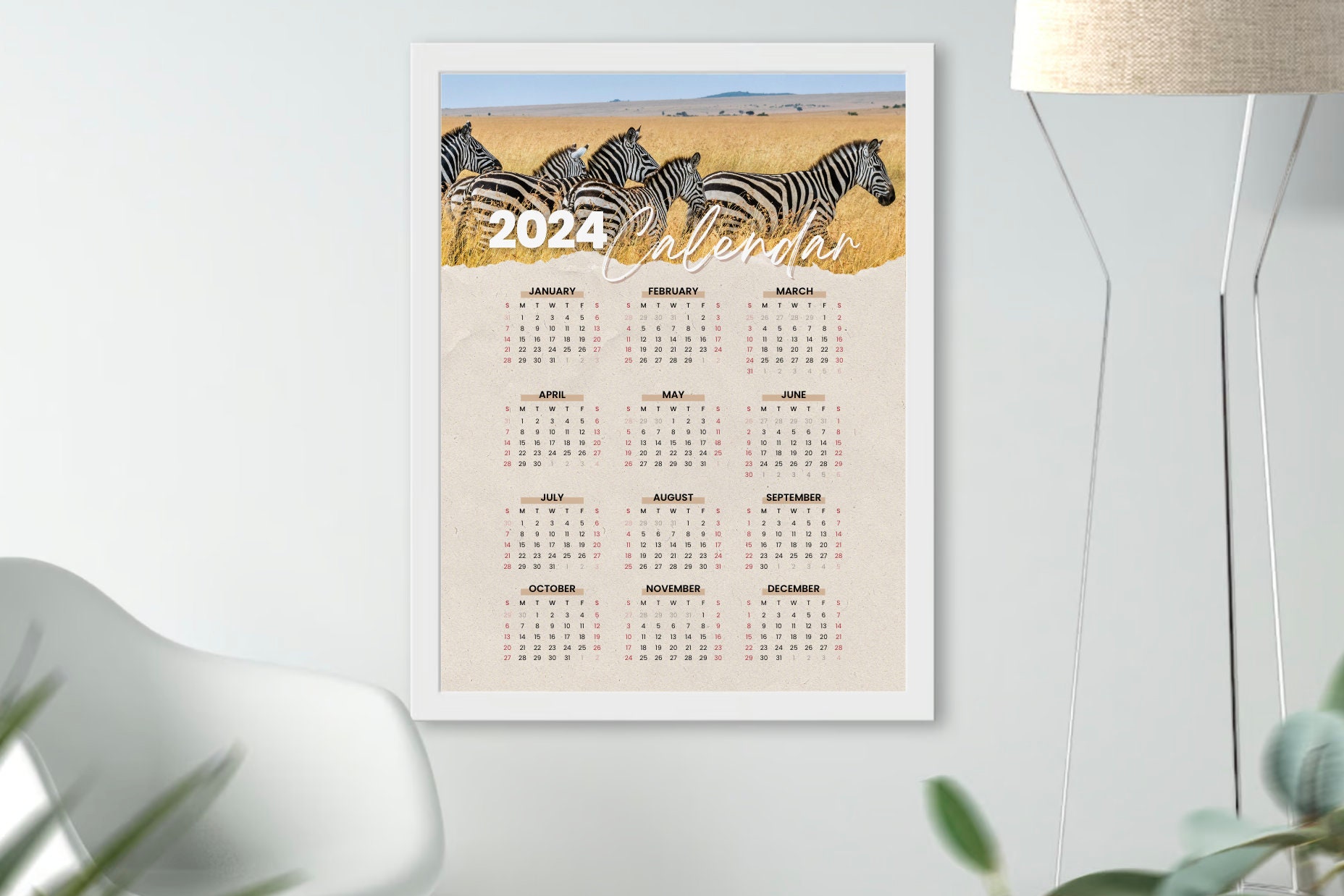 2024 Printable Calendar, Safari Animal Calendar, Wildlife Calendar ...