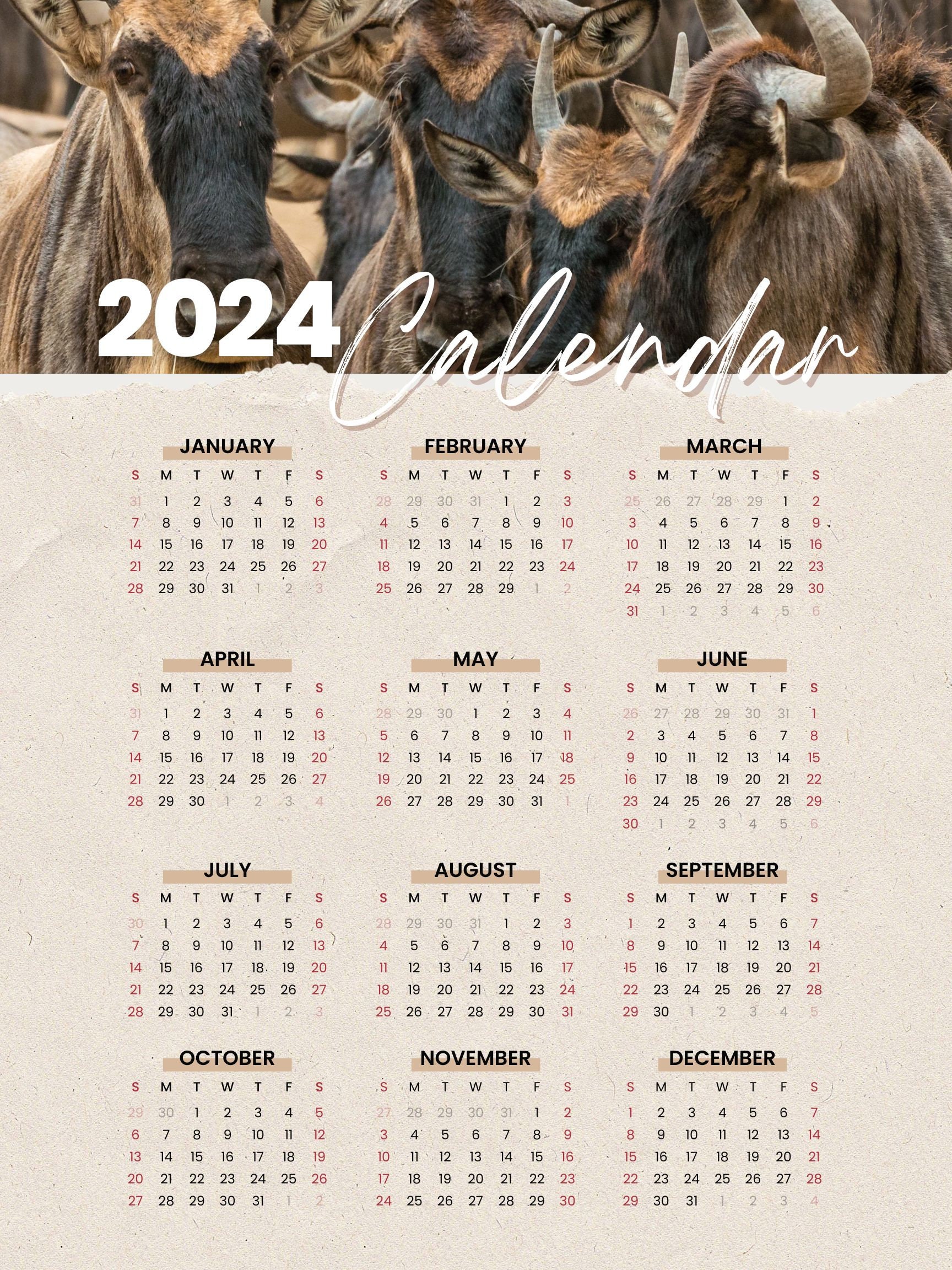 2024 Printable Calendar, Safari Animal Calendar, Wildlife Calendar ...