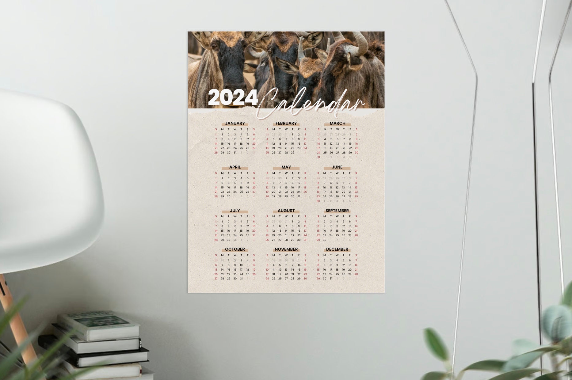 2024 Printable Calendar, Safari Animal Calendar, Wildlife Calendar ...