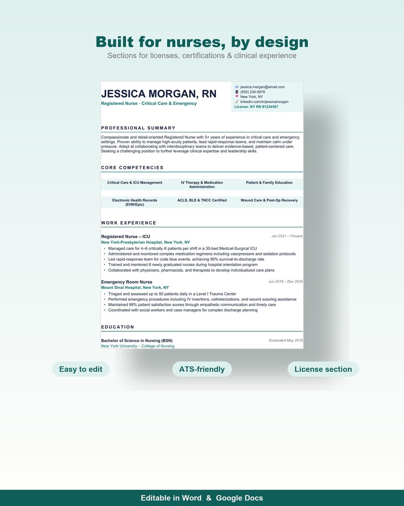 Ats-friendly Nursing Resume Template (word, Google Docs) - Etsy