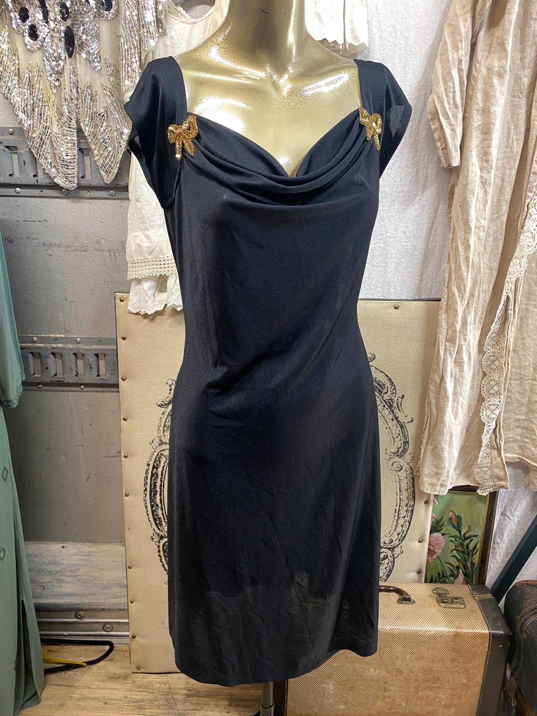 1970’s or 80’s Slinky, Sexy, LBD. Draped Collar With Sweet Gold Bows ...