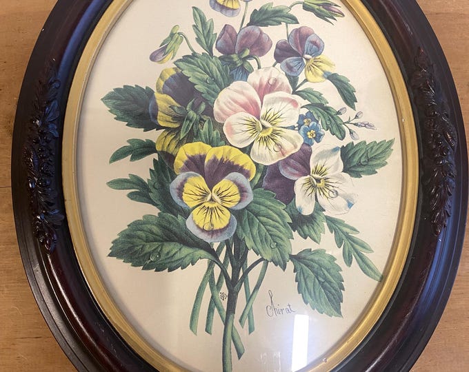 Beautiful Vintage Victorian Era Oval Pansy Print in Wood Carved Frame ...