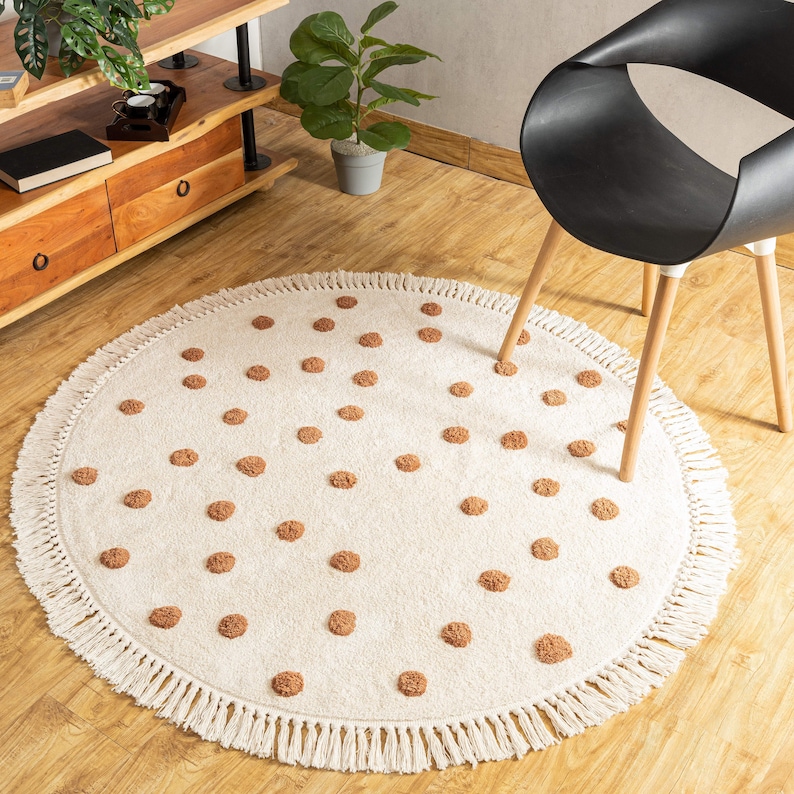 Polka Dots Hand-tufted Cotton Round Area Rug Brown & White - Etsy