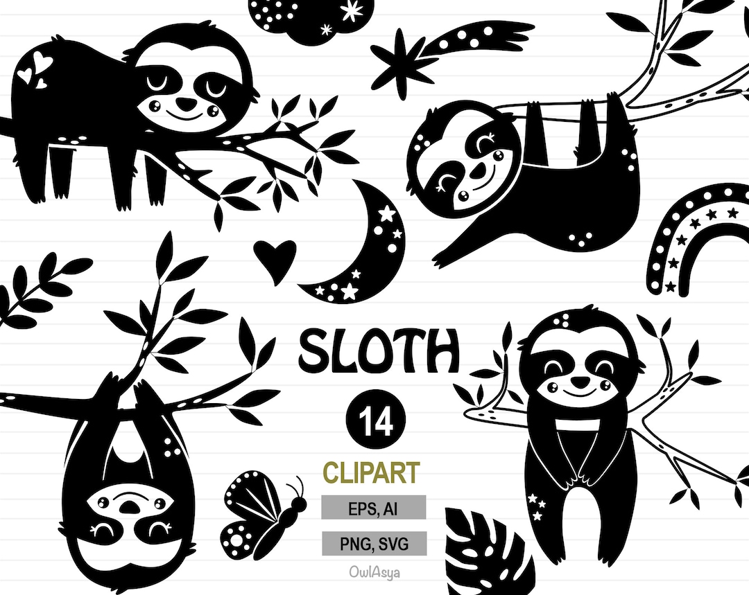 Sloth SVG, Black Sloth Clipart, Animal SVG, Rainbow Clipart, Hanging ...