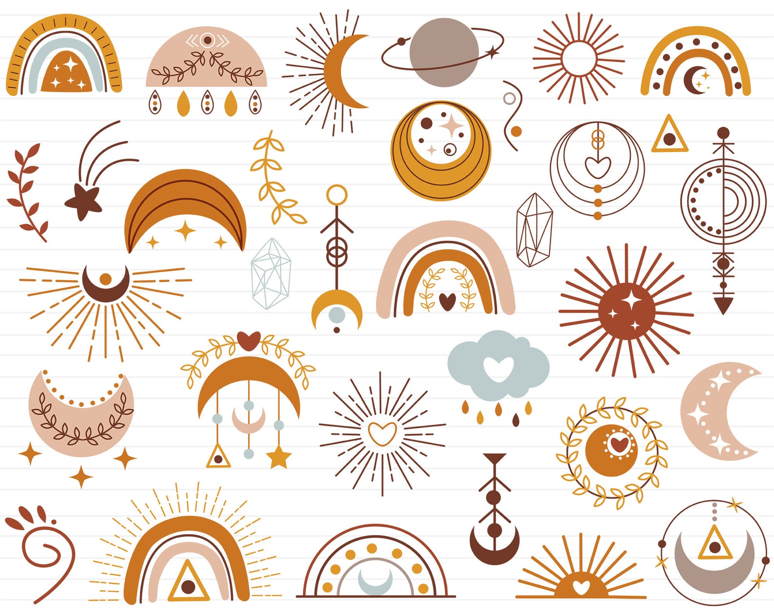 Boho Rainbow Svg Boho Clipart Set Moon Svg Bohemian Clipart Moon ...