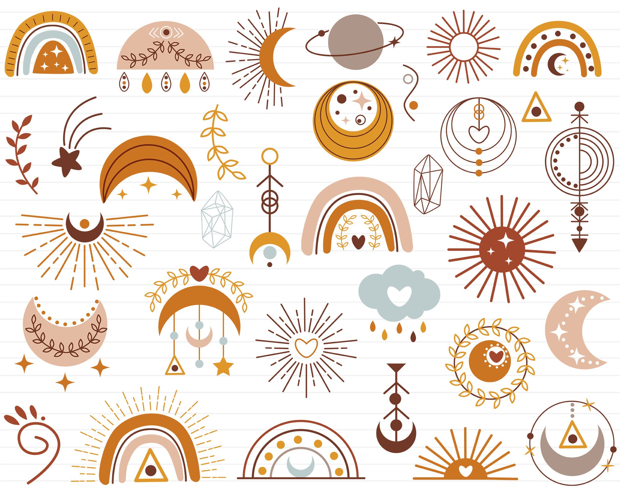 Boho Rainbow Svg Boho Clipart Set Moon Svg Bohemian Clipart Moon ...