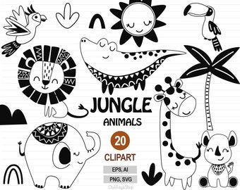 Jungle Animals Clipart Black and White Tropical Svg Safari - Etsy