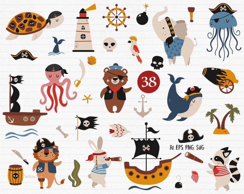 Pirate Animals SVG Pirate Ship Clipart Sea Life PNG Pirate - Etsy