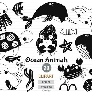Ocean Animals Black Clipart, Sea Life SVG, Underwater Outline Animals ...