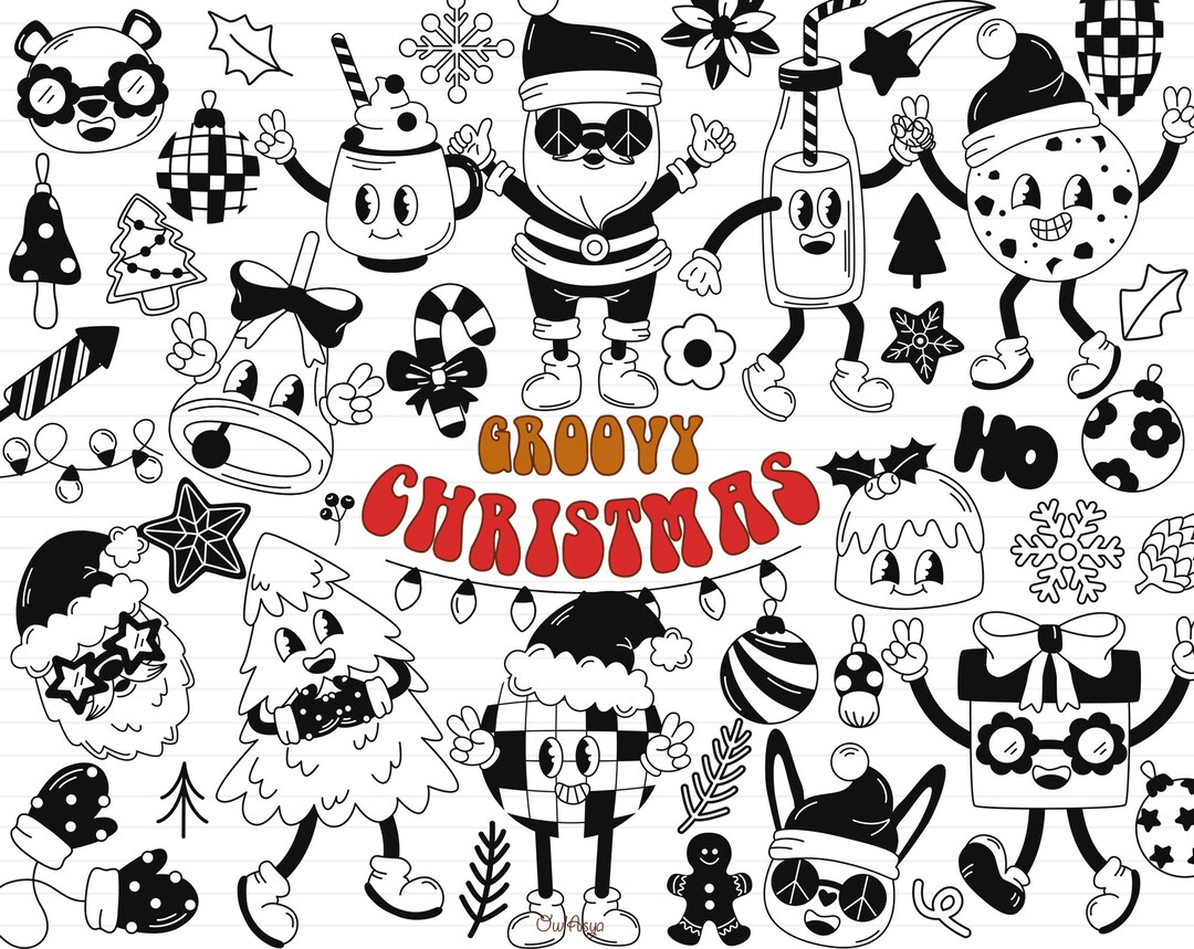 Black Retro Christmas Clipart, Black Groovy Retro SVG, Merry Christmas ...