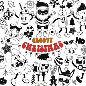 Black Retro Christmas Clipart, Black Groovy Retro SVG, Merry Christmas ...