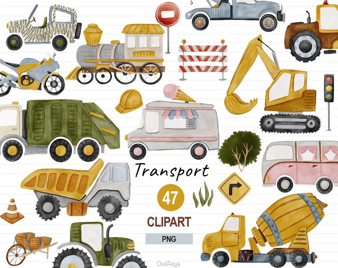 Watercolor Transport PNG, Vehicles Clipart, Watercolor Construction ...