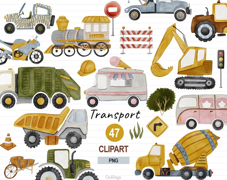 Watercolor Transport PNG, Vehicles Clipart, Watercolor Construction ...