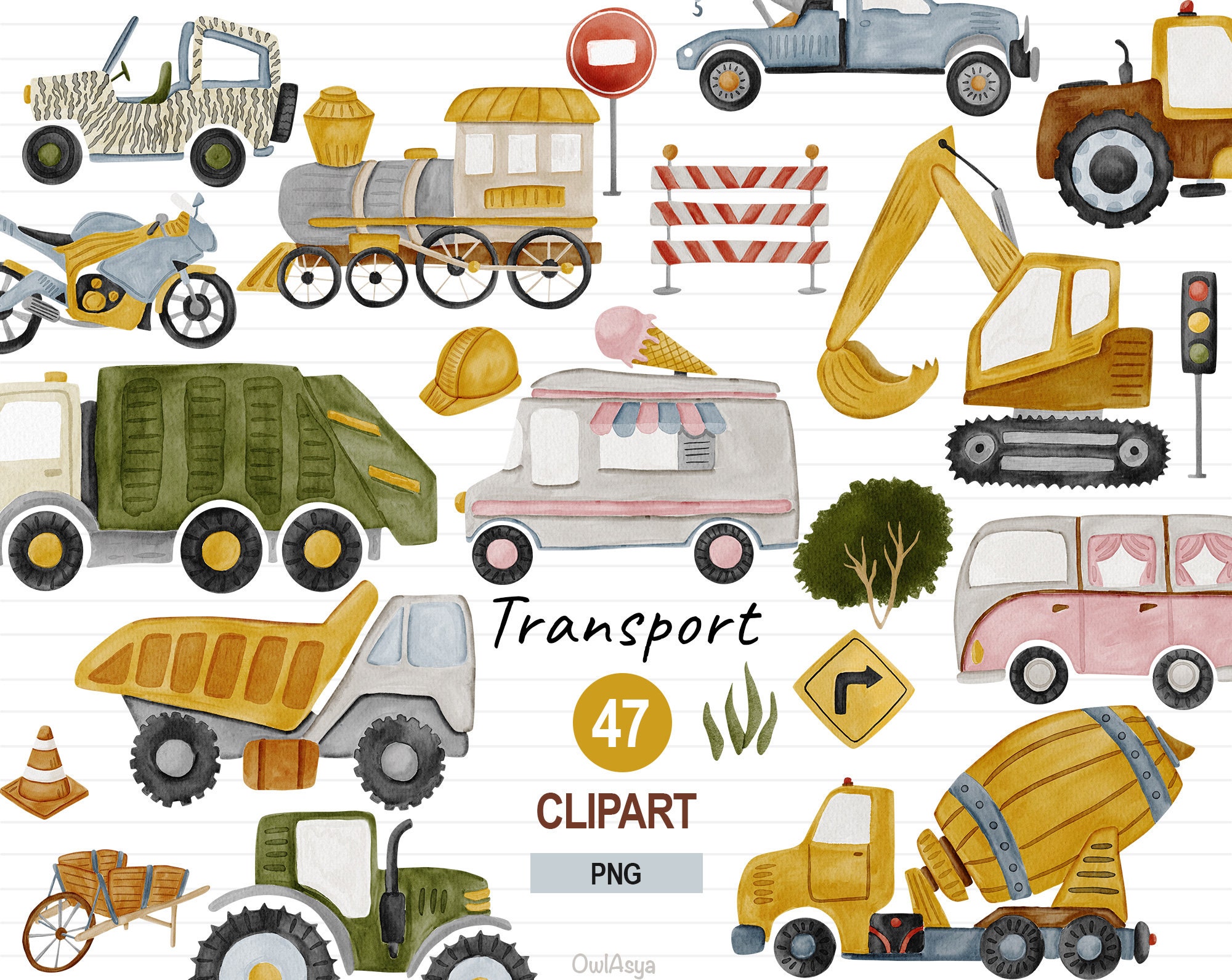 Watercolor Transport PNG, Vehicles Clipart, Watercolor Construction ...