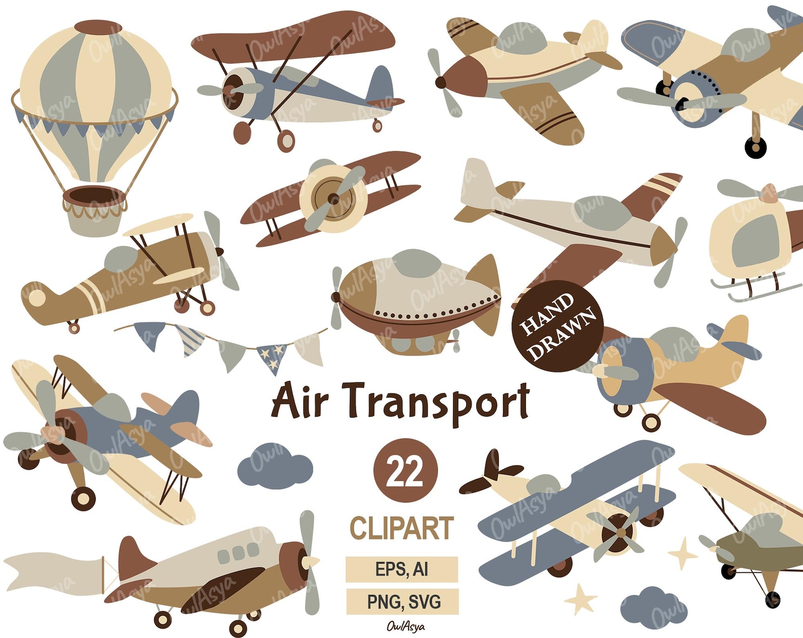 Hand Drawn Air Transport Clipart, Vintage Nursery SVG, Plane Vector SVG ...