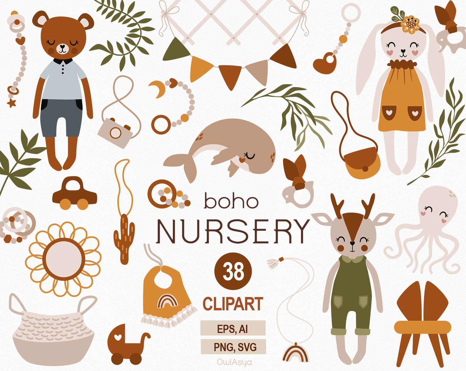 Bohemian Clipart, Boho Animals SVG, Baby Shower Clipart, Newborn Boho ...