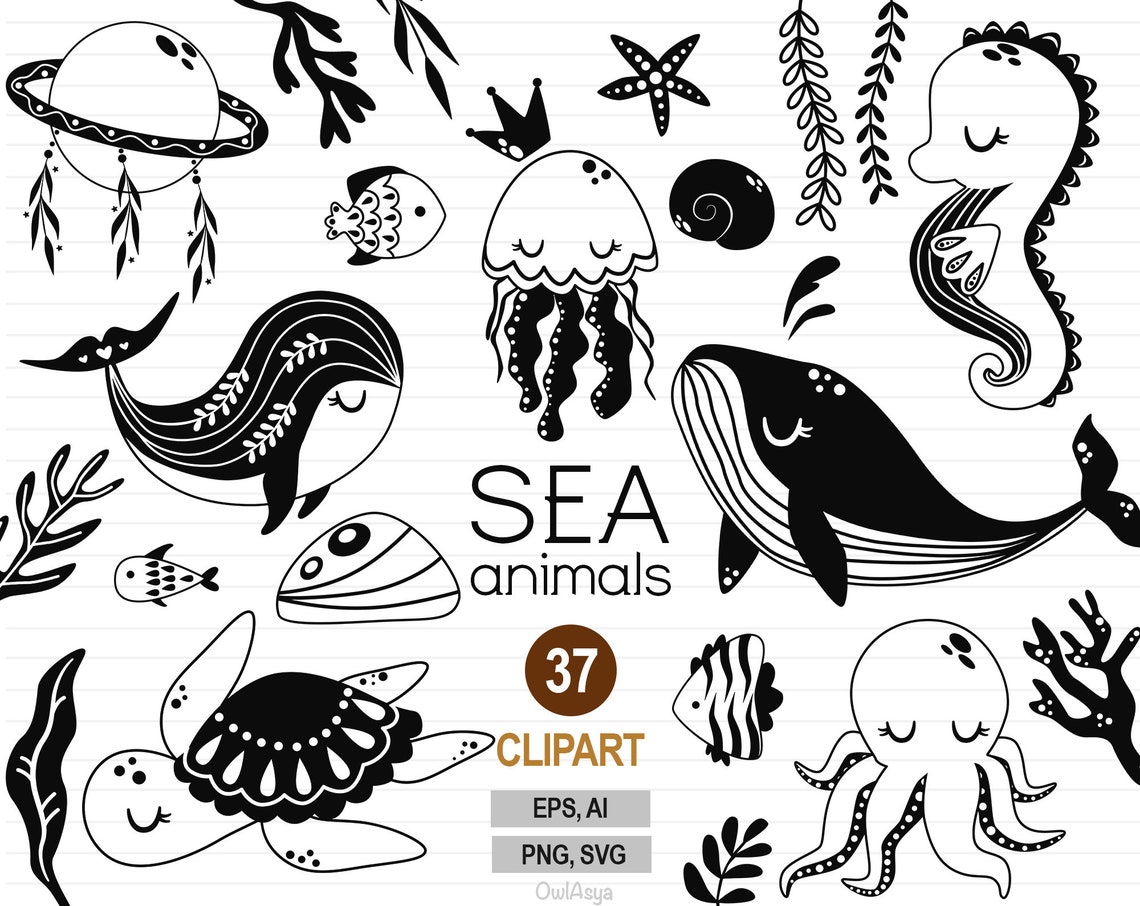 Ocean Animals SVG, Black Sea Animals Clipart, Doodle Whale PNG, Sea ...