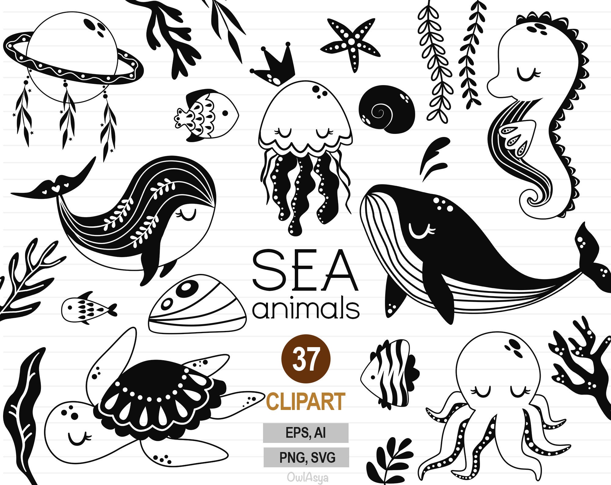 Clipart Sea Creatures Black And White