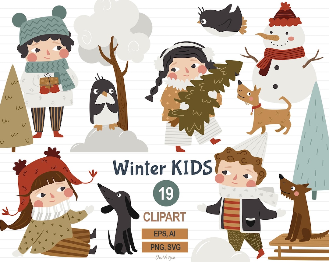 Winter Kids Clipart, Children Vector SVG, Christmas Dog, Nursery Decor ...