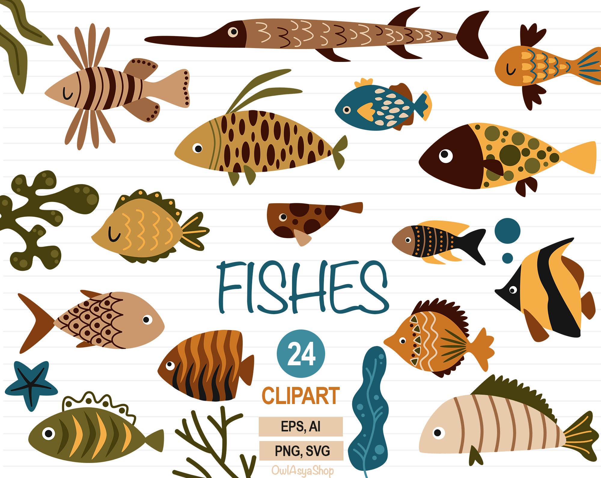 Fish Clipart, Sea Animals Svg, Boho Ocean Clipart, Colored Fish PNG ...
