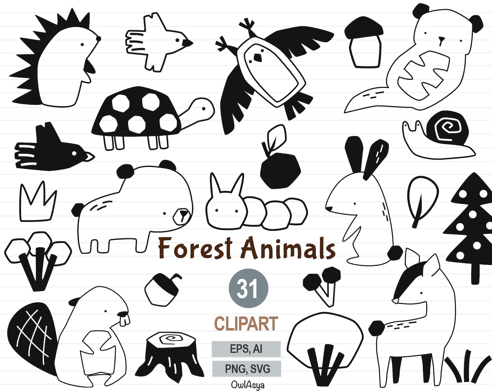 Outline Forest Animals Clipart, Woodland Animals, Black Line Animals ...