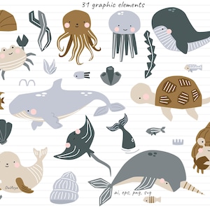 Ocean Animals Clipart, Sea Life SVG, Underwater Animals SVG, Nursery ...