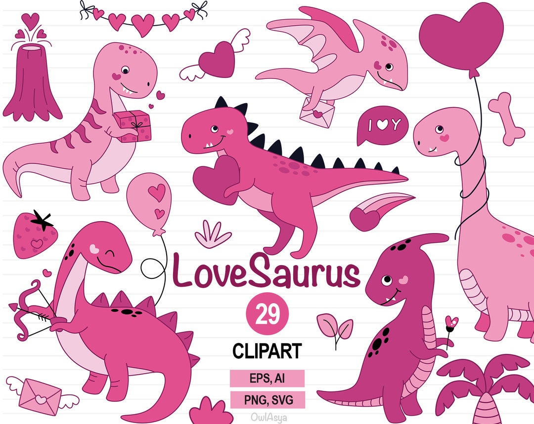 Valentines Dino Clipart, Love Dinosaur SVG, Pink Dino PNG, Valentines ...