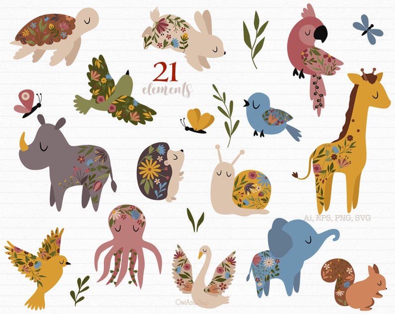 Floral Animals SVG, Cute Animal Clipart, Bird SVG, Flower Clipart ...