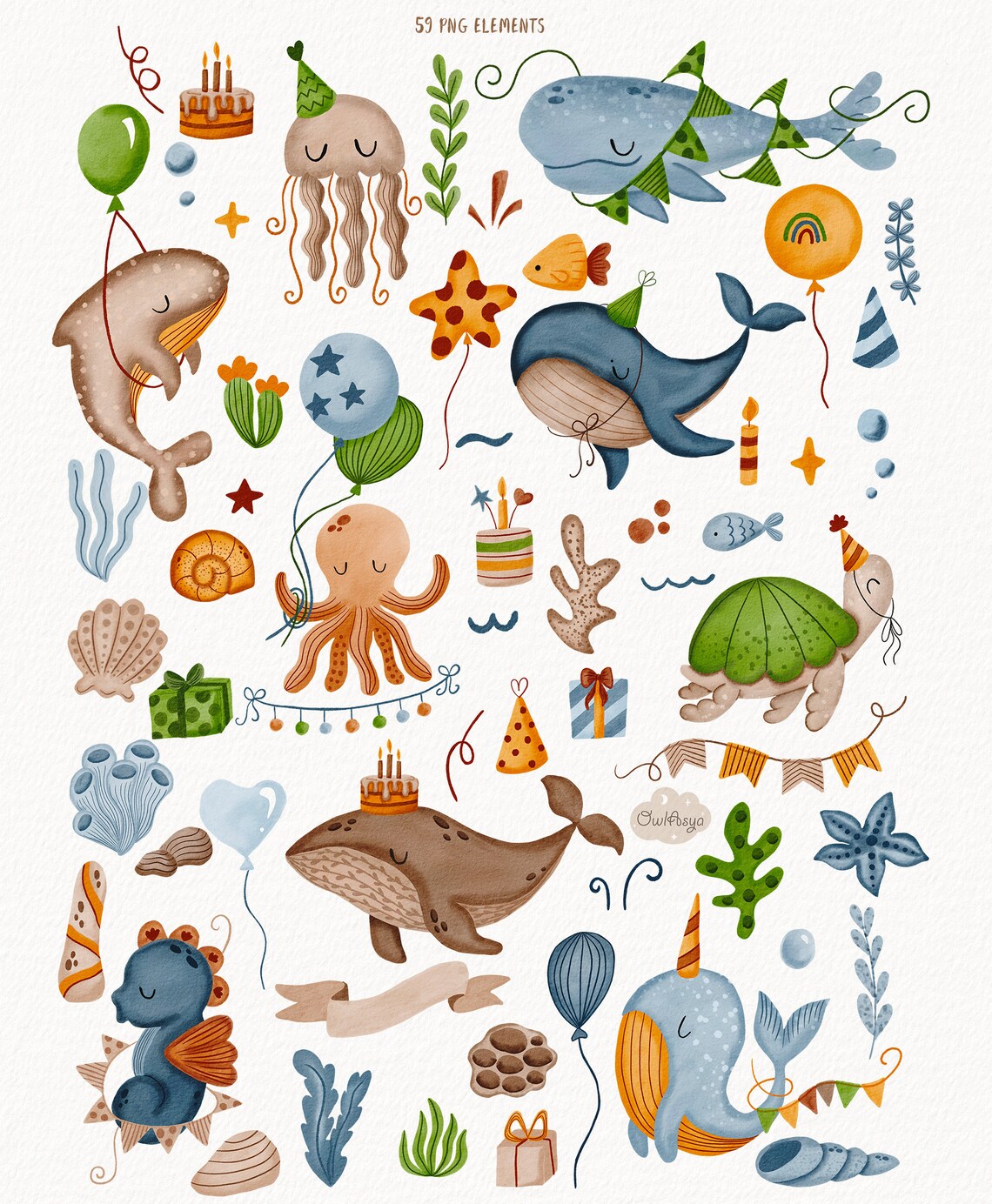 Undersea Watercolor Clipart, Sea Animal, Birthday Party, Sea Baby ...