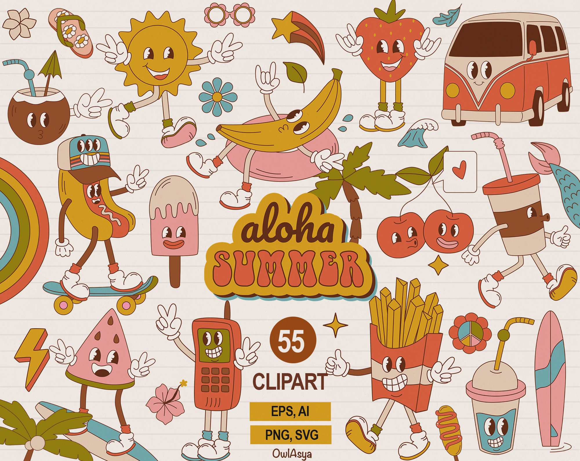 Retro Summer Clipart, Groovy Characters SVG, Hippie Elements PNG, 70s ...